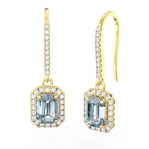 Princess Aquamarine Emerald Cut Halo 18k Yellow Gold Pave Drop Earrings