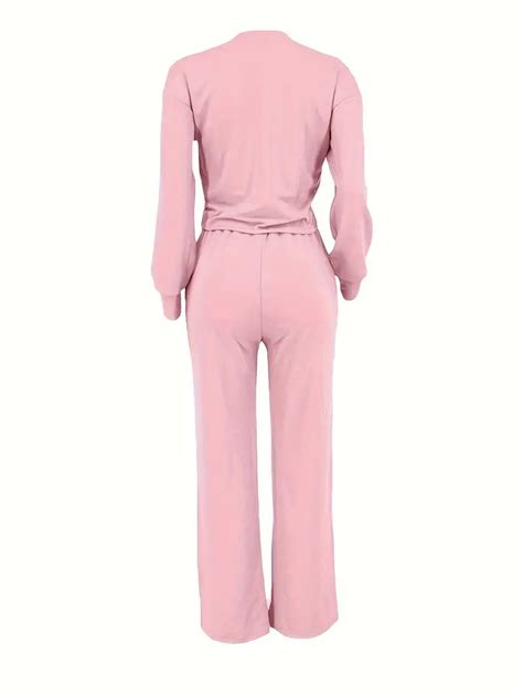 Casual Solid Two Piece Set Long Sleeve Crew Neck Top Temu
