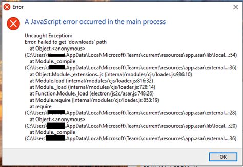 38 a javascript error occurred in the main process teams