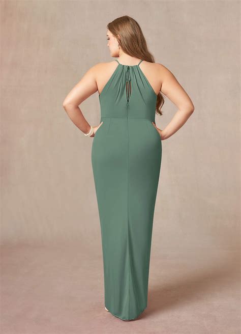 Azazie Hadid Eucalyptus Sheath Pleated Mesh Dress Azazie