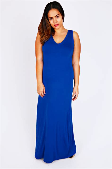 Cobalt Blue Plain V Neck Sleeveless Jersey Maxi Dress Plus Size 14 To 36