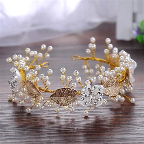 Dower Me Gold Leaves Pearl Wedding Tiara Vintage Bridal Headband Hair