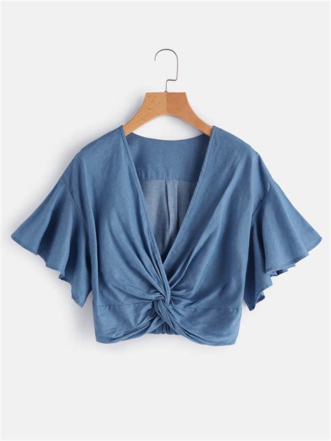 Twist Knot Front Flutter Sleeve Denim Crop Top Shein Sheinside