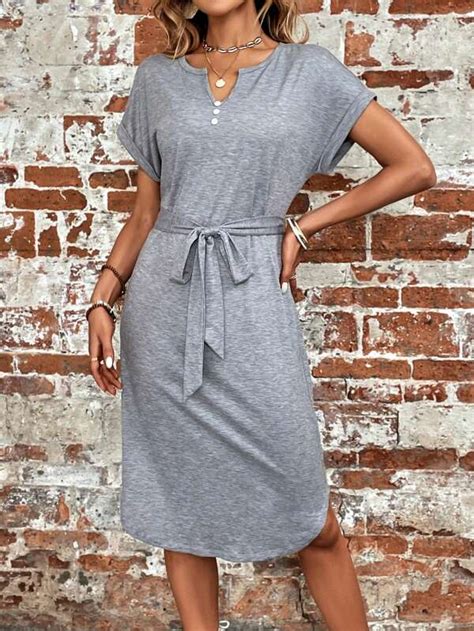 Shein Lune Notched Neckline Batwing Sleeve Belted Dress Shein Usa