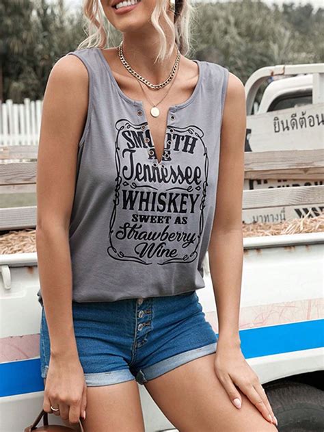 Dokotoo Slogan Graphic Notched Neckline Tank Top Shein Usa