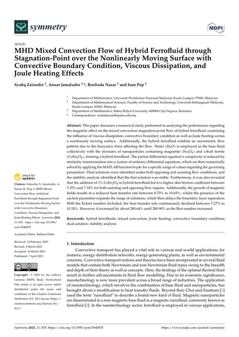 Pdf Mhd Mixed Convection Flow Of Hybrid Ferrofluid Through Stagnation