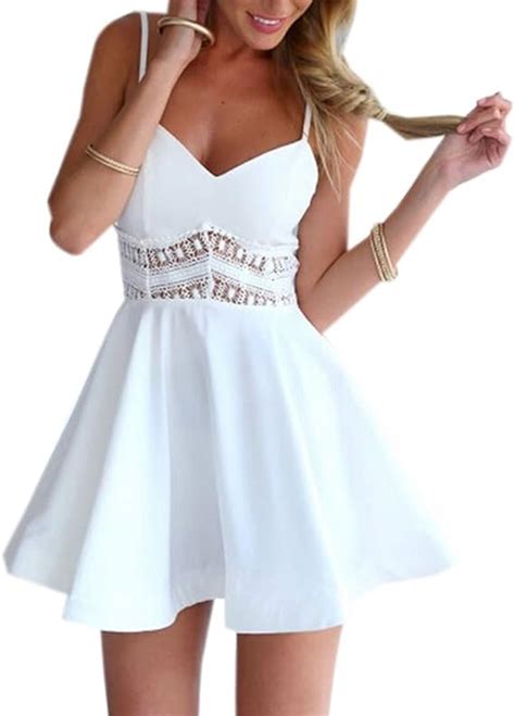 Minetom Damen Sexy Sommerkleid Kurz Ärmellos V Ausschnitt Spitze Spleiß