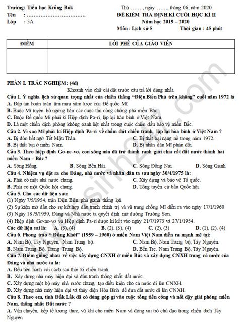 Đề Thi Học Kì 2 Lớp 5 Môn Sử Địa