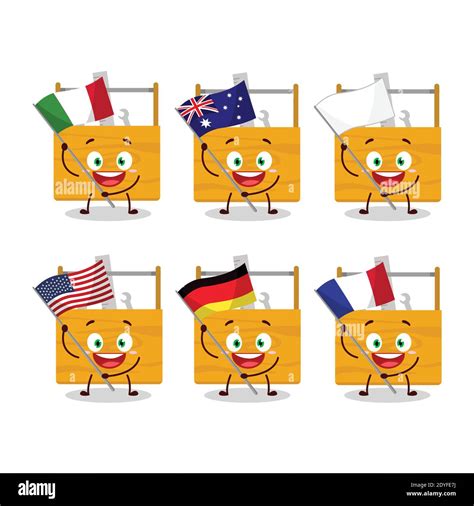 Wooden Toolbox Cartoon Character Bring The Flags Of Various Countries