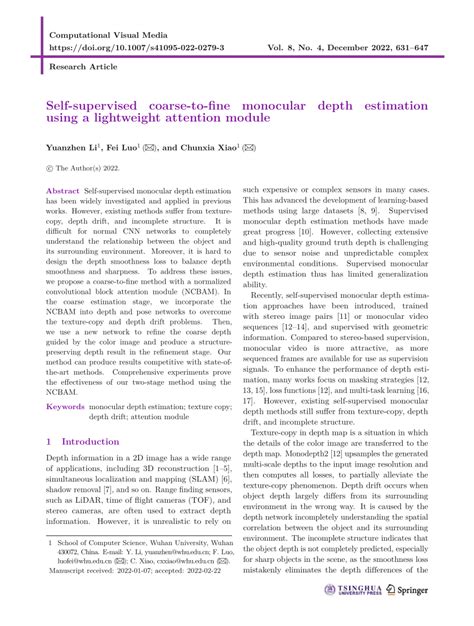 Pdf Self Supervised Coarse To Fine Monocular Depth Estimation Using A