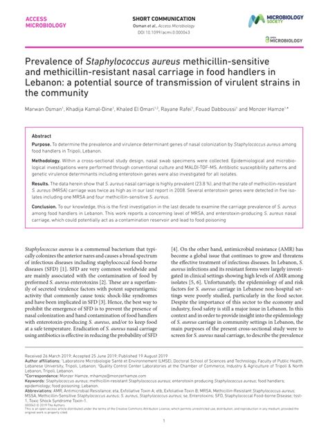Pdf Prevalence Of Staphylococcus Aureus Methicillin Sensitive And
