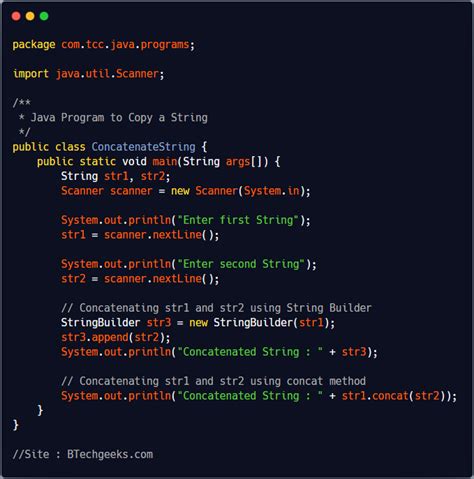 java program to concatenate two strings btech geeks