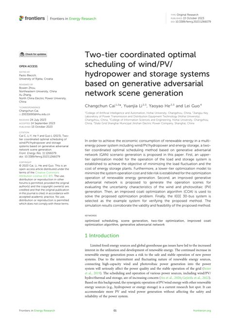 Pdf Two Tier Coordinated Optimal Scheduling Of Wind Pv Hydropower And
