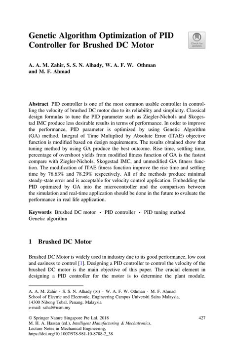 pdf genetic algorithm optimization of pid controller for brushed dc motor