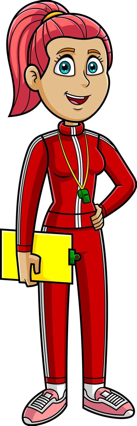 Premium Vector Female Gym Teacher Cartoon Character Speak Holding And