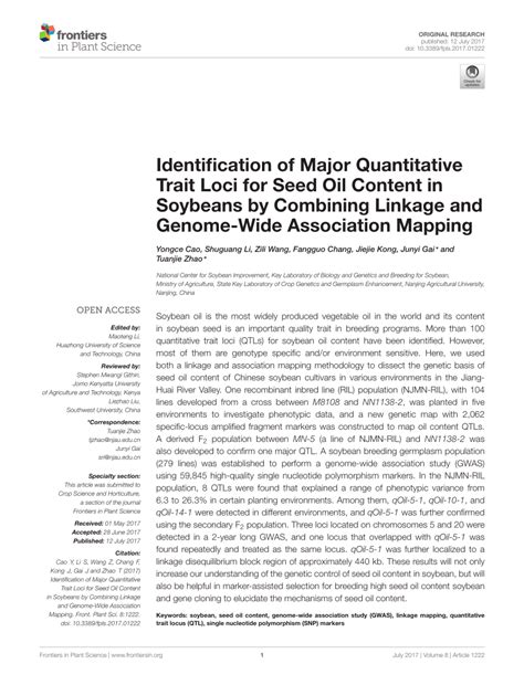 Pdf Identification Of Major Quantitative Trait Loci For Seed Oil