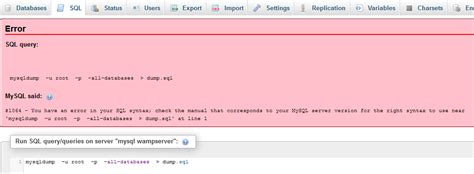 in phpmyadmin how can i execute mysqldump query
