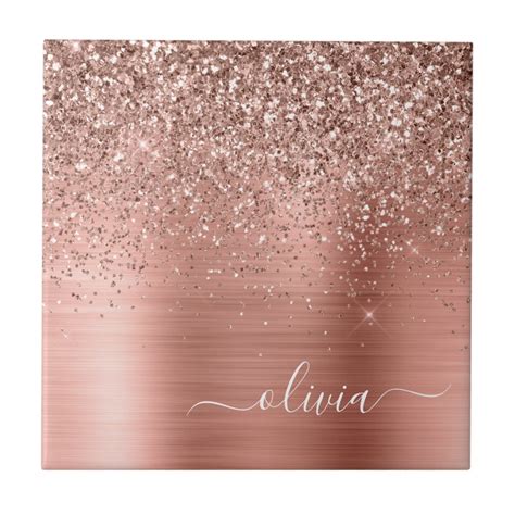 Brushed Metal Rose Gold Pink Glitter Monogram Ceramic Tile Zazzle