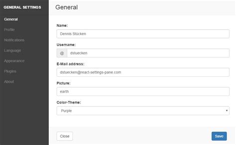 react app setting panel component