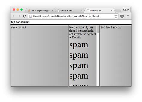 css page filling flexbox layout with top and side bars not quite