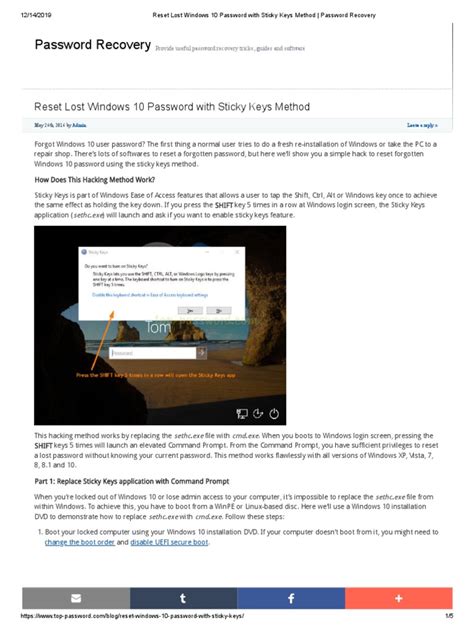 Reset Lost Windows 10 Password With Sticky Keys Method Password
