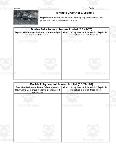 Romeo And Juliet Act 5 Scene 3 Double Entry Journals By Teach Simple