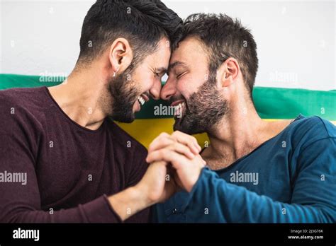 Happy Gay Couple Having Romantic Moments In Bed Homosexual Love