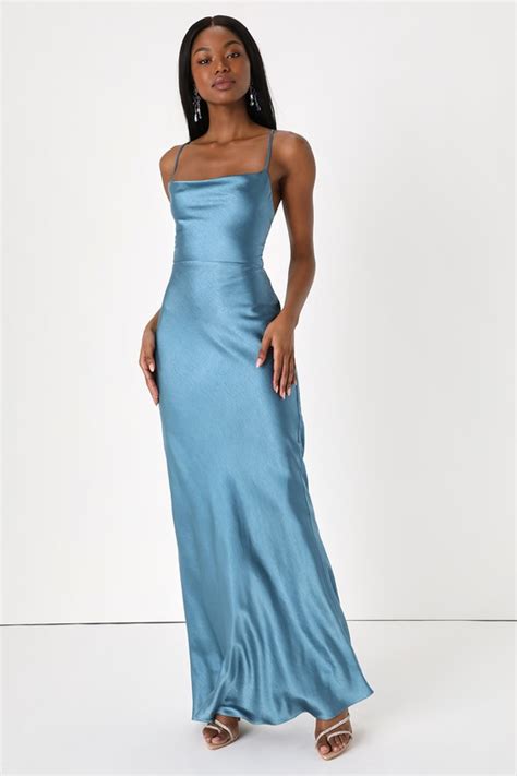 Slate Blue Maxi Dress Lace Up Maxi Dress Satin Maxi Dress Lulus