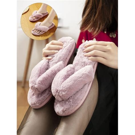 Aling Womens Fuzzy Slippers Womens Cozy Memory Foam Spa Thong Flip