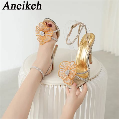 Aneikeh Water Diamond Embroidered Flower Sexy Slim Heel High Sandals