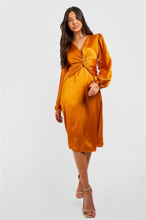 Satin Twist Detail Midi Skater Dress Boohoo Uk