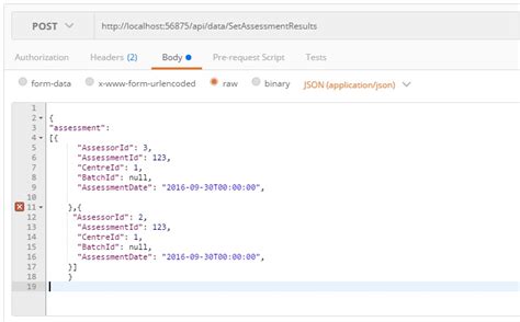 c web api post json data using postman client results in