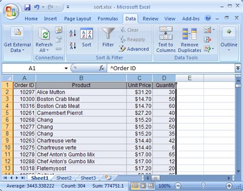 ms excel 2007 sort data in alphabetical order based on 1