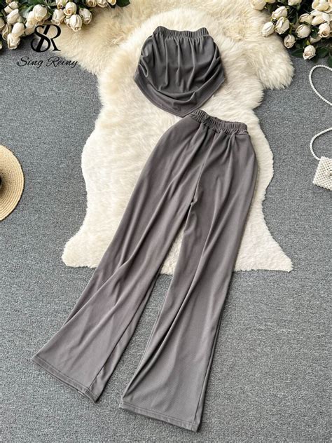 Singreiny Summer Casual Two Pieces Sets Women Strapless Slim Tops Wide