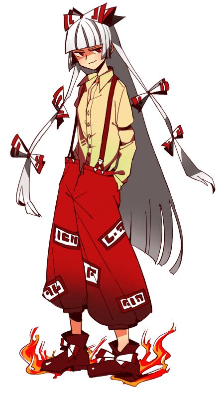 Safebooru Bad Id Bow Fire Fujiwara No Mokou Hair Bow Hands In Pockets
