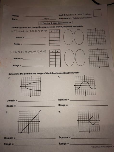 Homework 1 Relations Domain Range And Functions Answer Key Kody