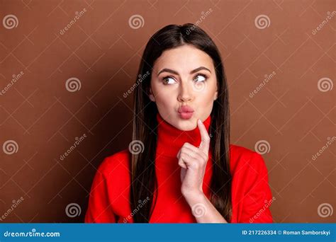 Photo Of Nice Optimistic Brunette Hairdo Lady Look Empty Space Wear Red