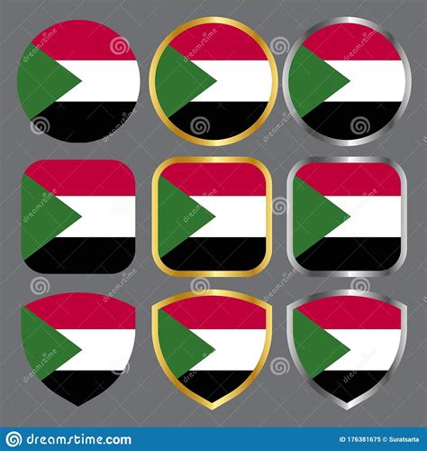 Sudan Flag Vector Icon Set With Gold And Silver Border Stock