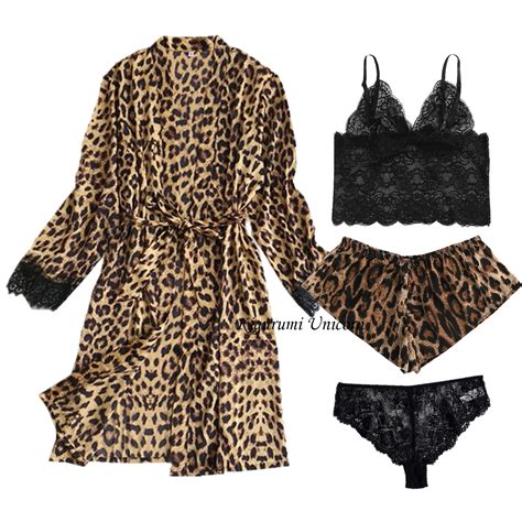 Sexy Leopard Print Night Dress Robe Women Deep V Neck Silky Satin