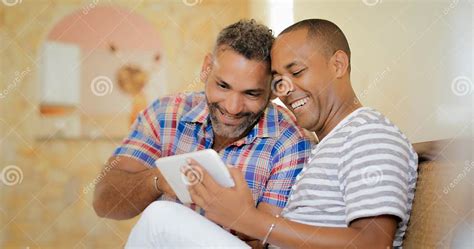 Happy Gay Couple Homosexual People Men Using Tablet Stock Image Image