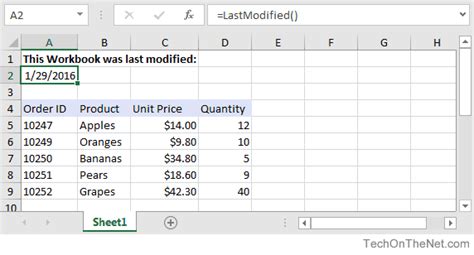 ms excel function that returns last modified date for