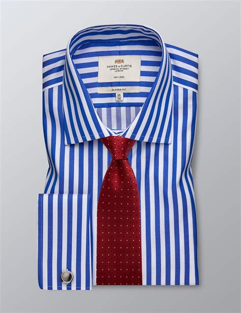 Mens Formal Royal Blue And White Bold Stripe Classic Fit Shirt Double