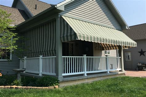 Green Striped Porch Awnings With A Drop Curtain Kreiders Canvas