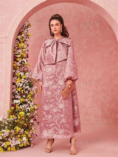 Shein Mulvari Floral Bishop Sleeve Bow Detail Metallic Arabian Dress
