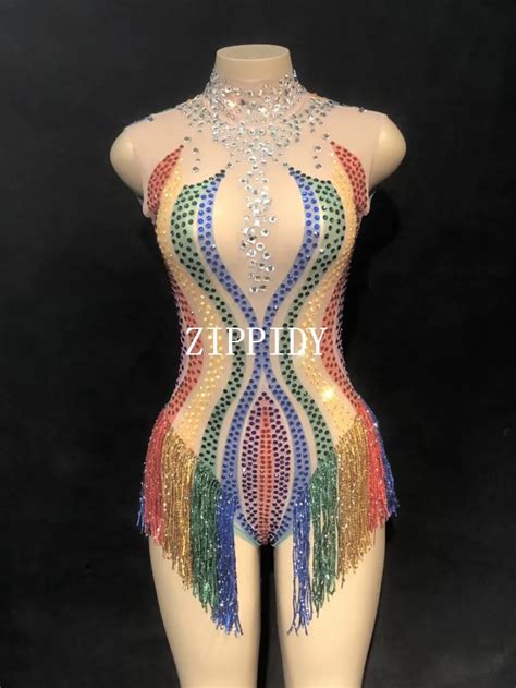 Colorful Rainbow Tassel Mesh Leotard Rhinestones Perspective Fringes