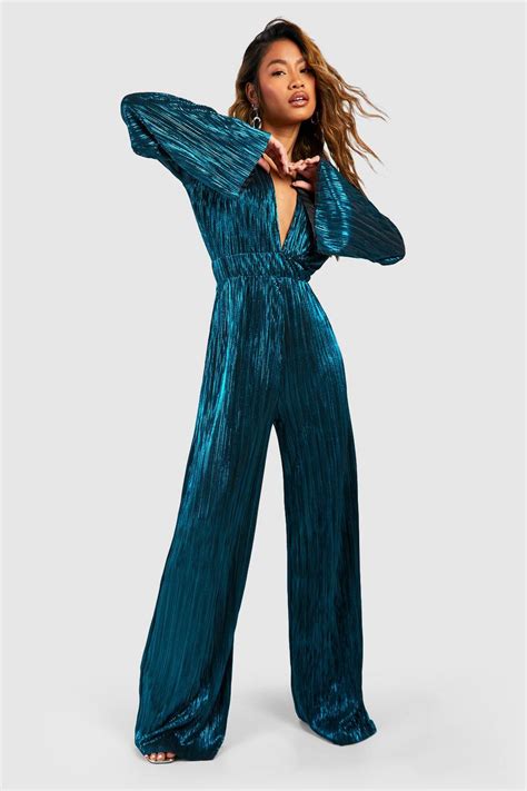 Glitter Plisse Flare Sleeve Wide Leg Jumpsuit Boohoo Uk