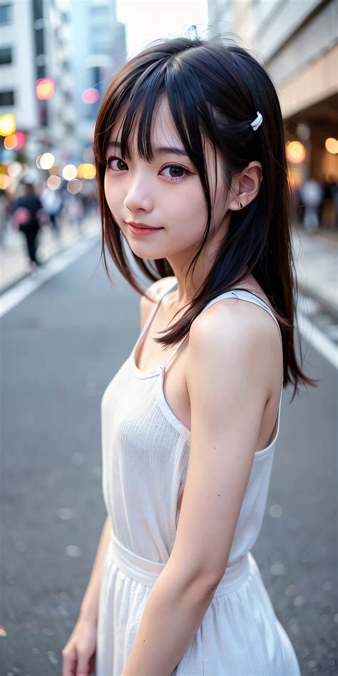 女の子1人、東京ストリートです、夜、街並み、シティライト、上半身、クローズアップ、笑い、、 8k、生写真、最高品質、傑作 1 2 、 現実的な