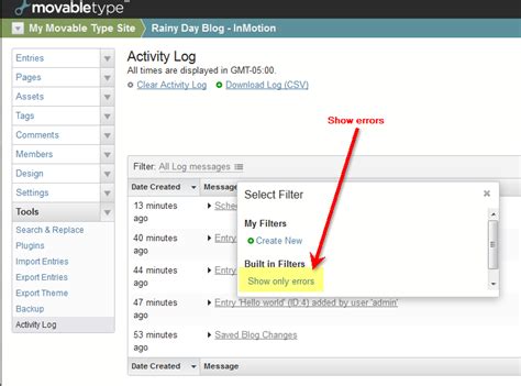 using the activity log in movable type inmotion hosting