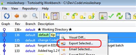 mercurial mecurial tortoisehg exporting patch after commit stack