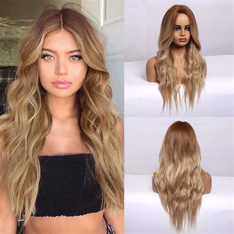 Emmor Long Ombre Honey Brown Wig For Women Natural Wavy Curly Hair
